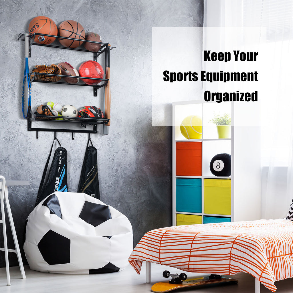 Sports Equipment Storage Rack with 4 Hooks (3 Separate Shelf) – ikkle Home